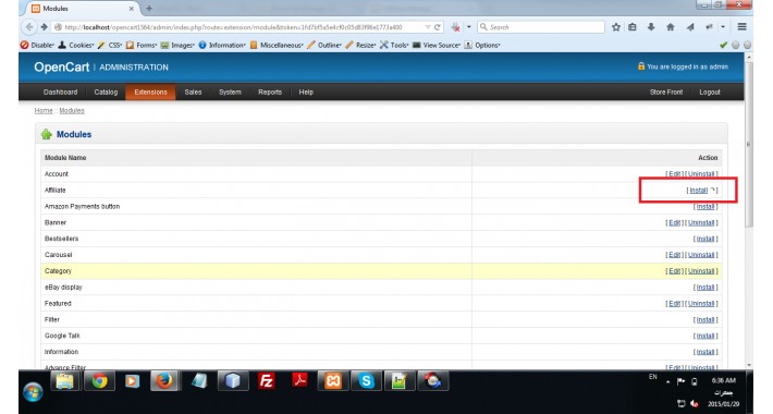 OpenCart - install/Uninstall module without page refresh