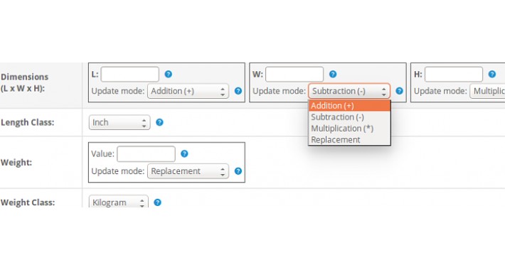 OpenCart - MASS products update: Dimensions (LxWxH), Weight,+...