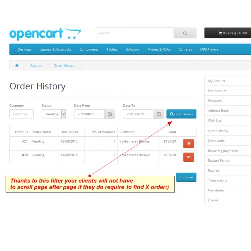 OpenCart - Search Order Filter In User Account