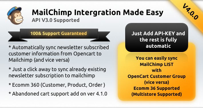 OpenCart - MailChimp (API V3.0) + Ecomm360 + Adandoned Cart Support