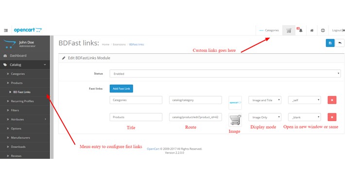 OpenCart - BD Fast Links - Shortcuts, Custom admin menu