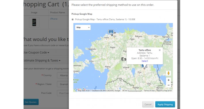 OpenCart - Google Map Pickup Shipping Method