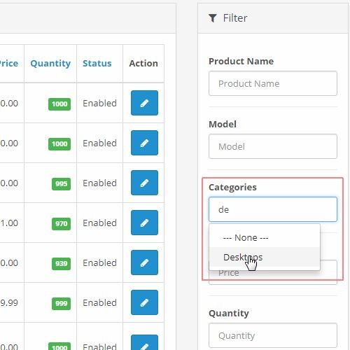 OpenCart - Sort and Filter by Category in Admin Product listing page