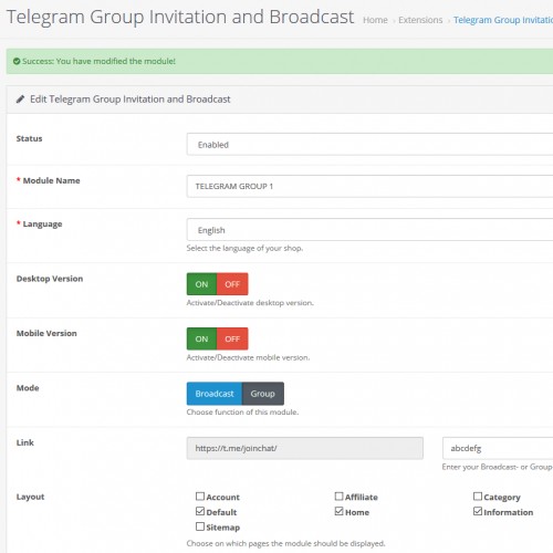 OpenCart - Telegram Group Invitation and Broadcast