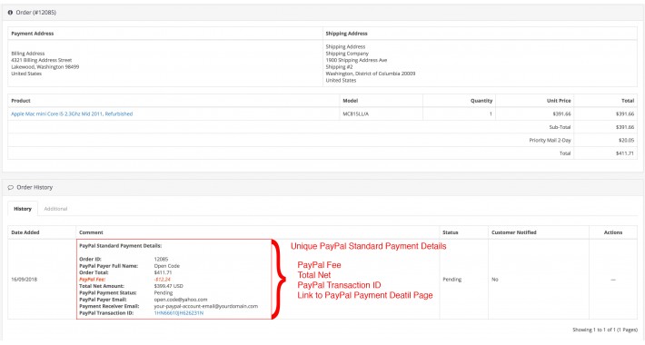 OpenCart - PayPal Standard Payment Details