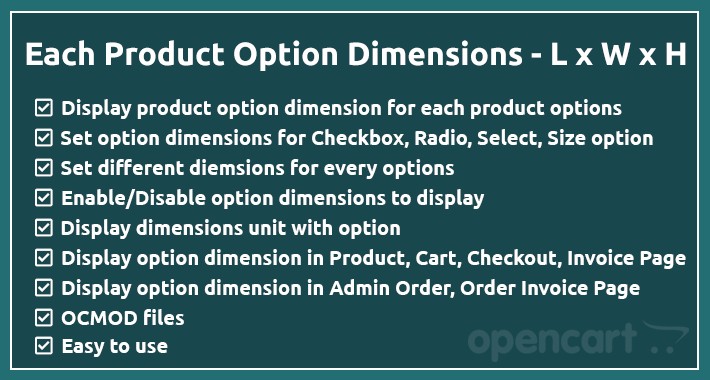 OpenCart - Each Product Option Dimensions - (Length x Width x Height)