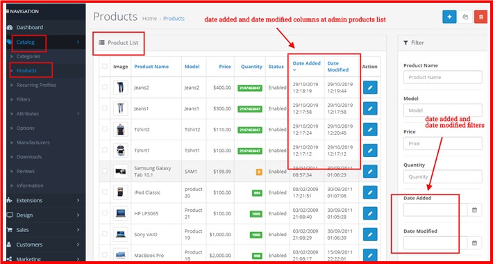 OpenCart - Admin Product List Sort By Date Added Or Modified