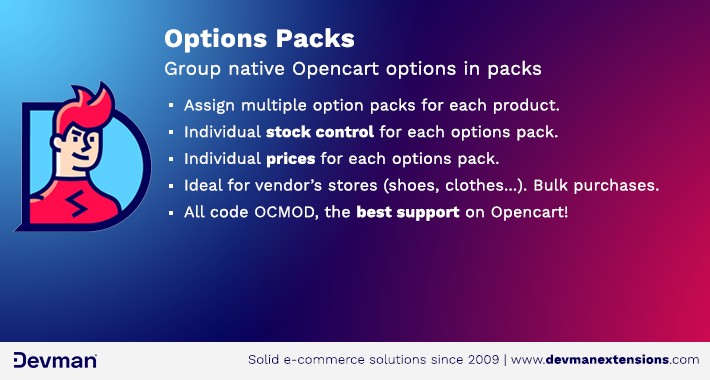 OpenCart - Options Packs - Group native Opencart options in packs/lots