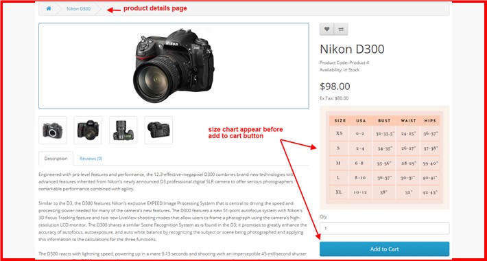 OpenCart - Product Size Chart