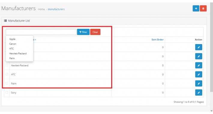 OpenCart - Admin Manufacturer Filter