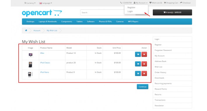 OpenCart - wishlist without login