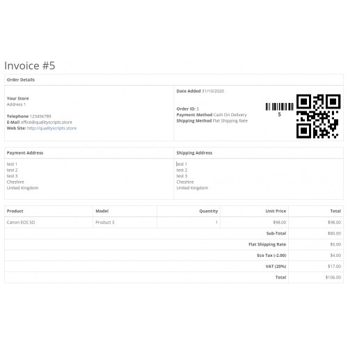 OpenCart - QR and BarCode for invoice