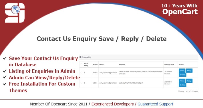 OpenCart - Contact us form Save/Reply/Delete from admin (VQMOD/OCMOD)