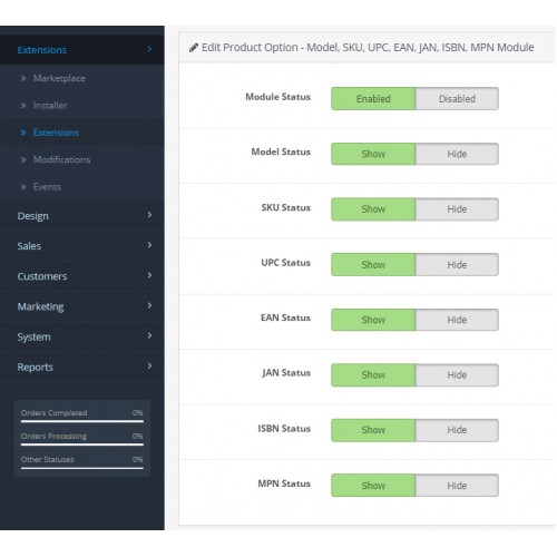 OpenCart - Each Product Option Variables - Model, SKU, UPC, EAN
