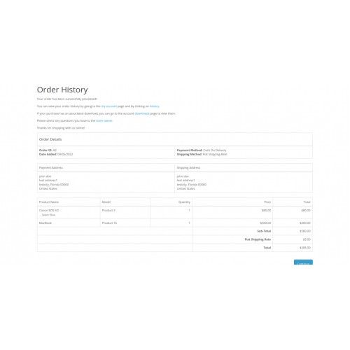OpenCart - Order detail on order success page
