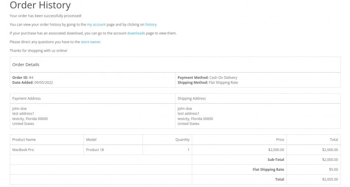 OpenCart - Order detail on order success page