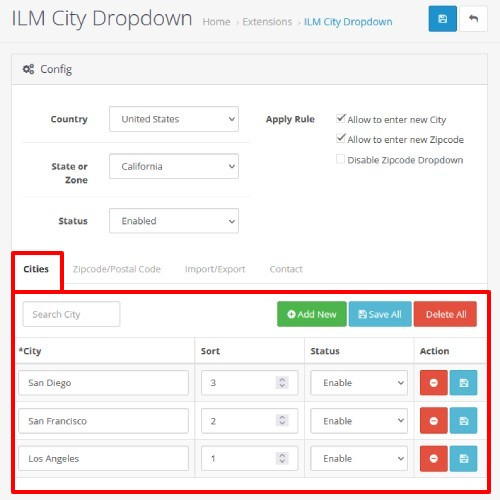 OpenCart - ILM City Dropdown