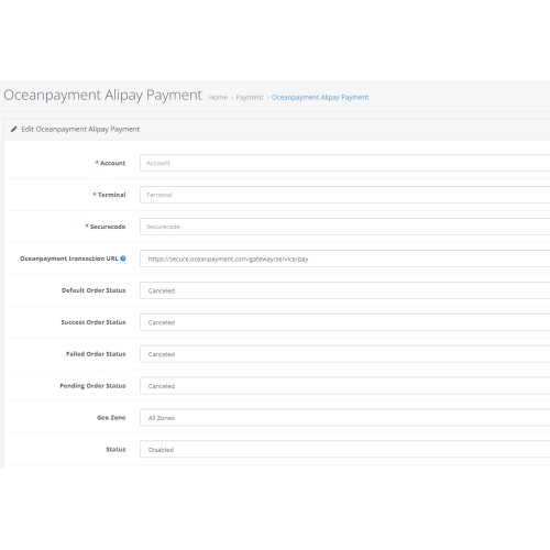 OpenCart - Oceanpayment Alipay gateway