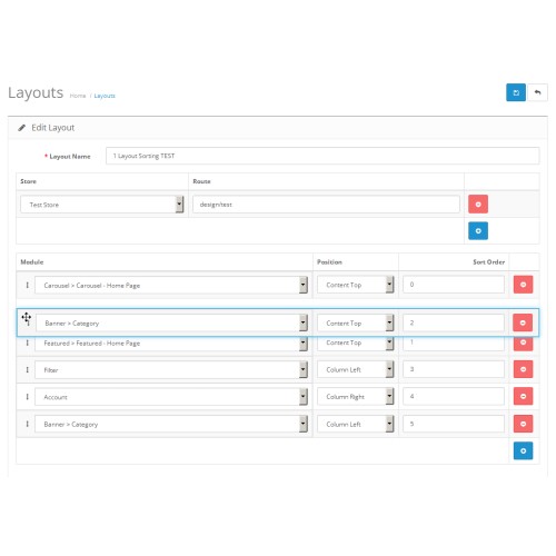 OpenCart - Layout Sorting - drag and drop sorting modules in Layouts