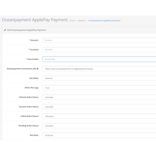 OpenCart - Oceanpayment ApplePay gateway
