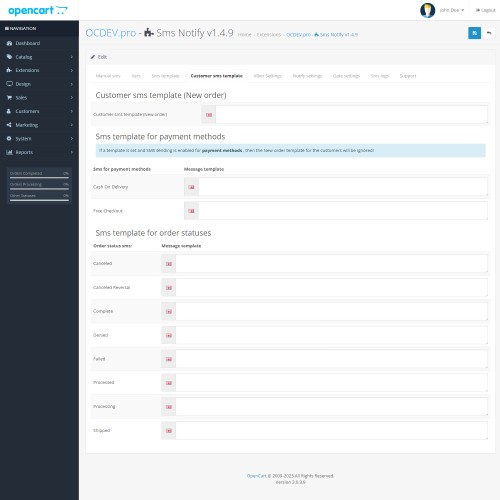 OpenCart - OCDEV.pro - SMS notifications for Opencart 2.x - 3.x