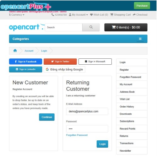 OpenCart - Social Login — Facebook, Google, Twitter, Microsoft, LinkedIn