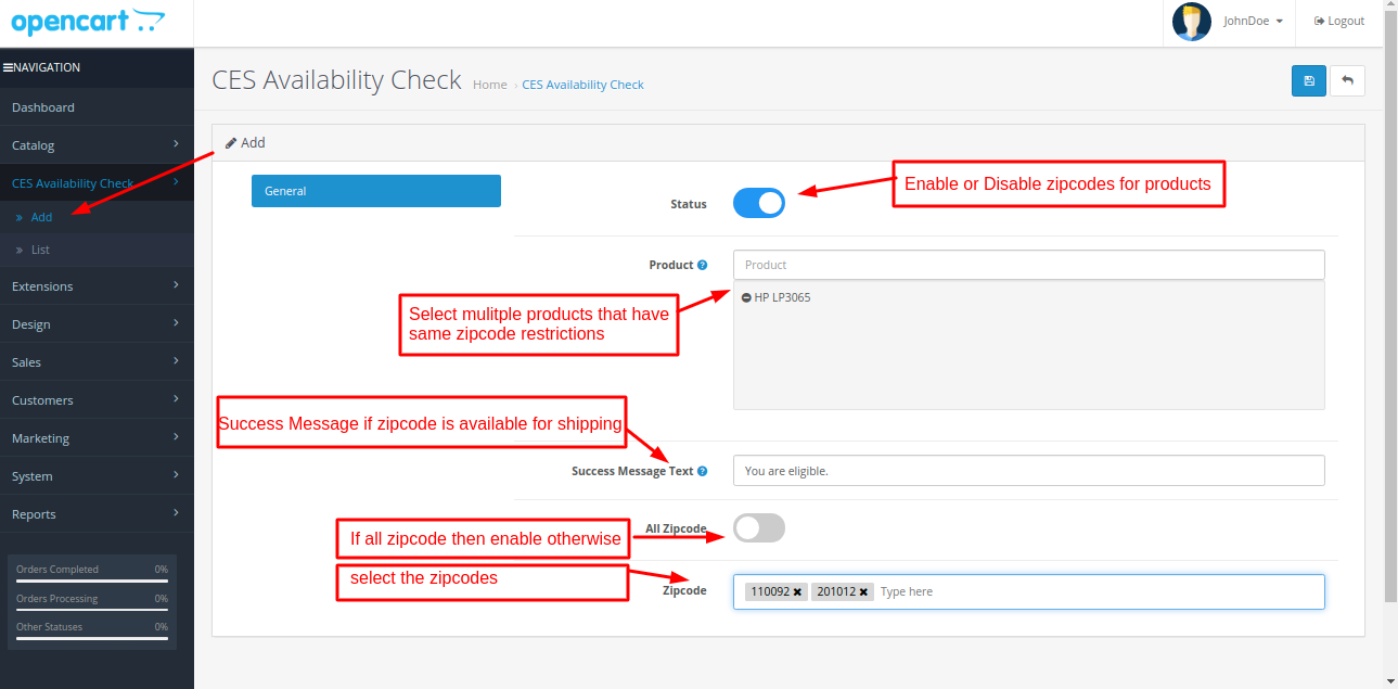 OpenCart - ZIPCODE AVAILABILITY