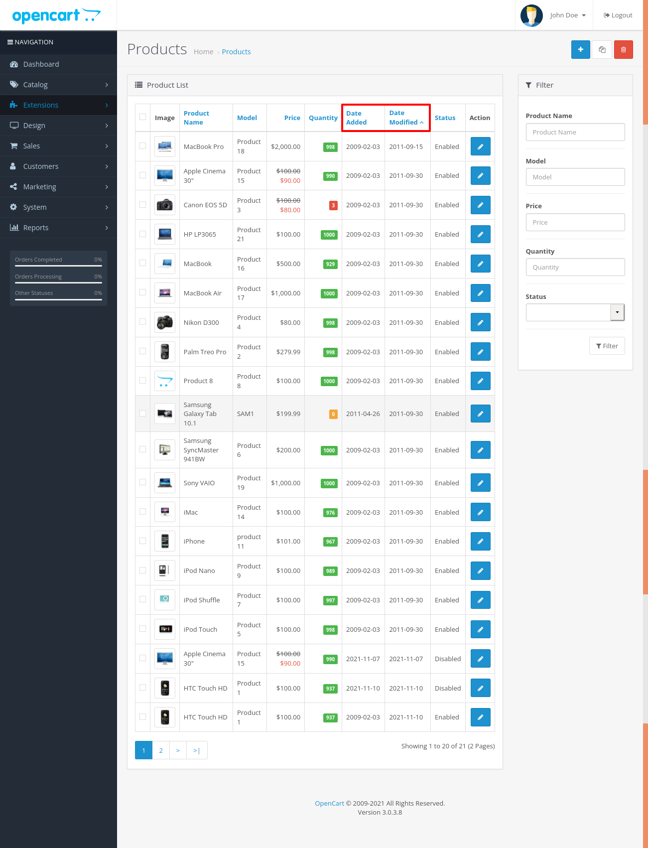 OpenCart Product Sort By Date Added And Date Modified Admin