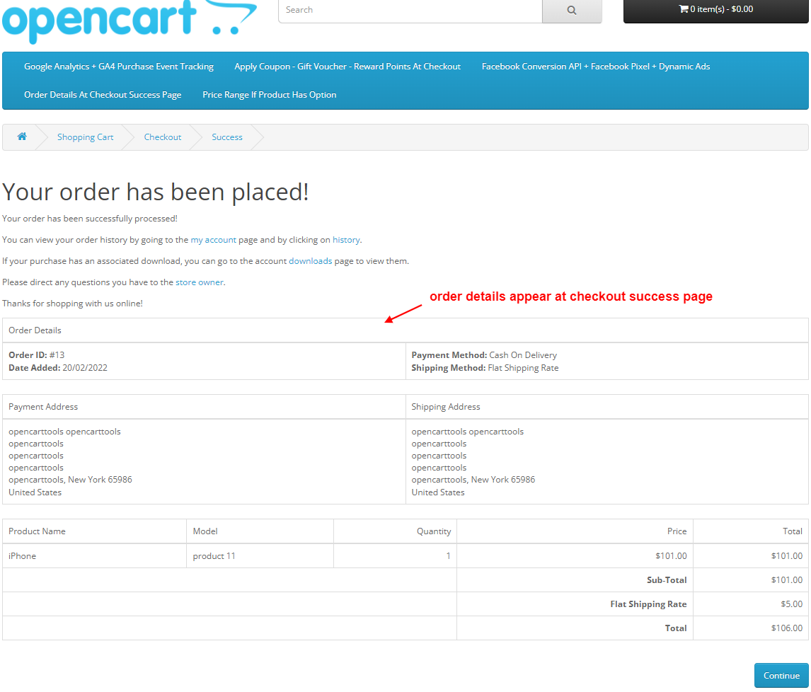 OpenCart - Order Details At Checkout Success Page