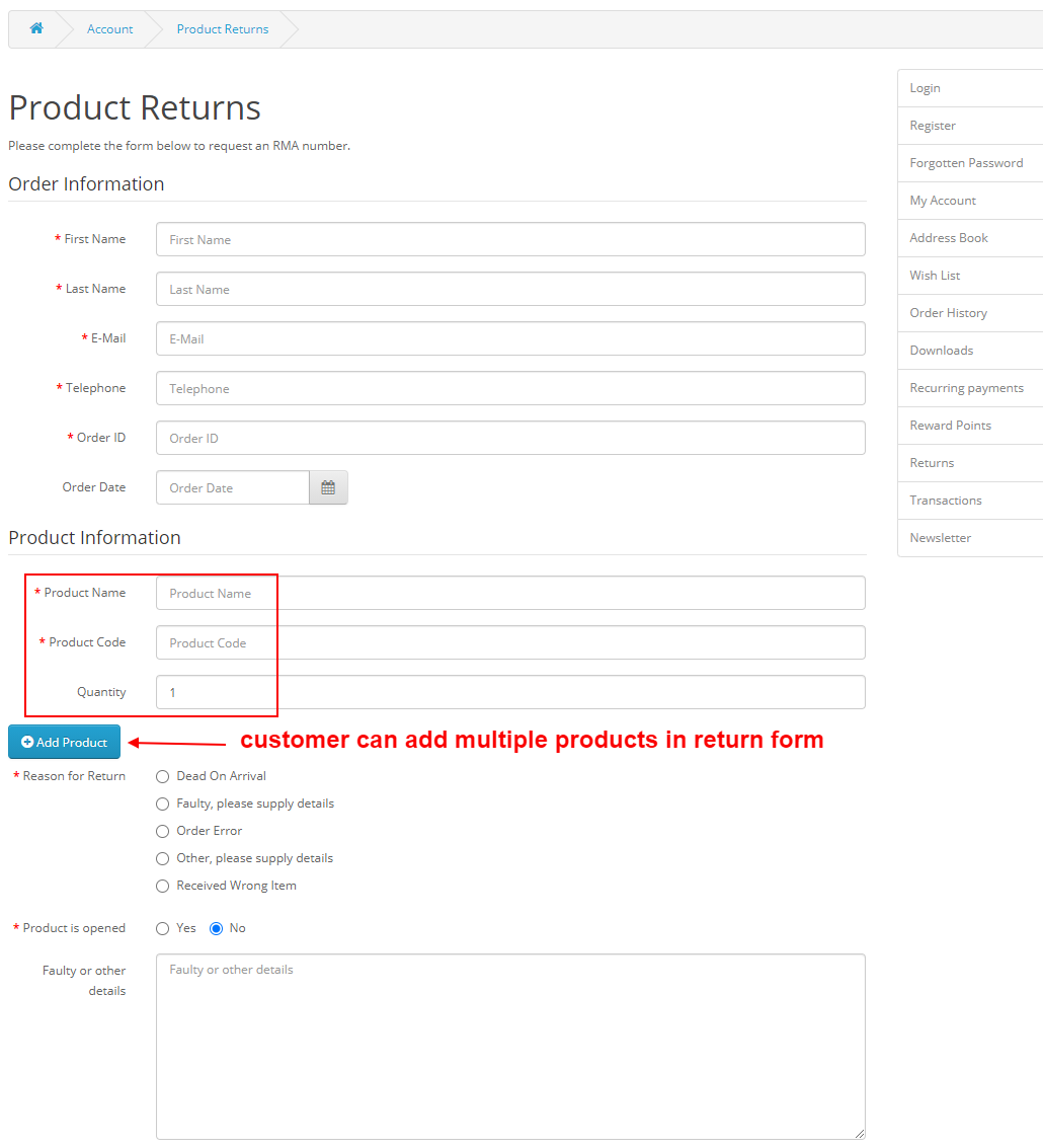 OpenCart - Return Form - Add Multiple Products