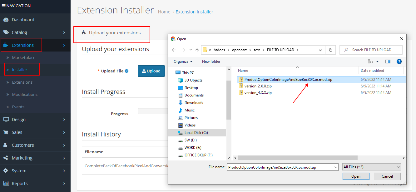 OpenCart - Product Option Color Image And Size Box