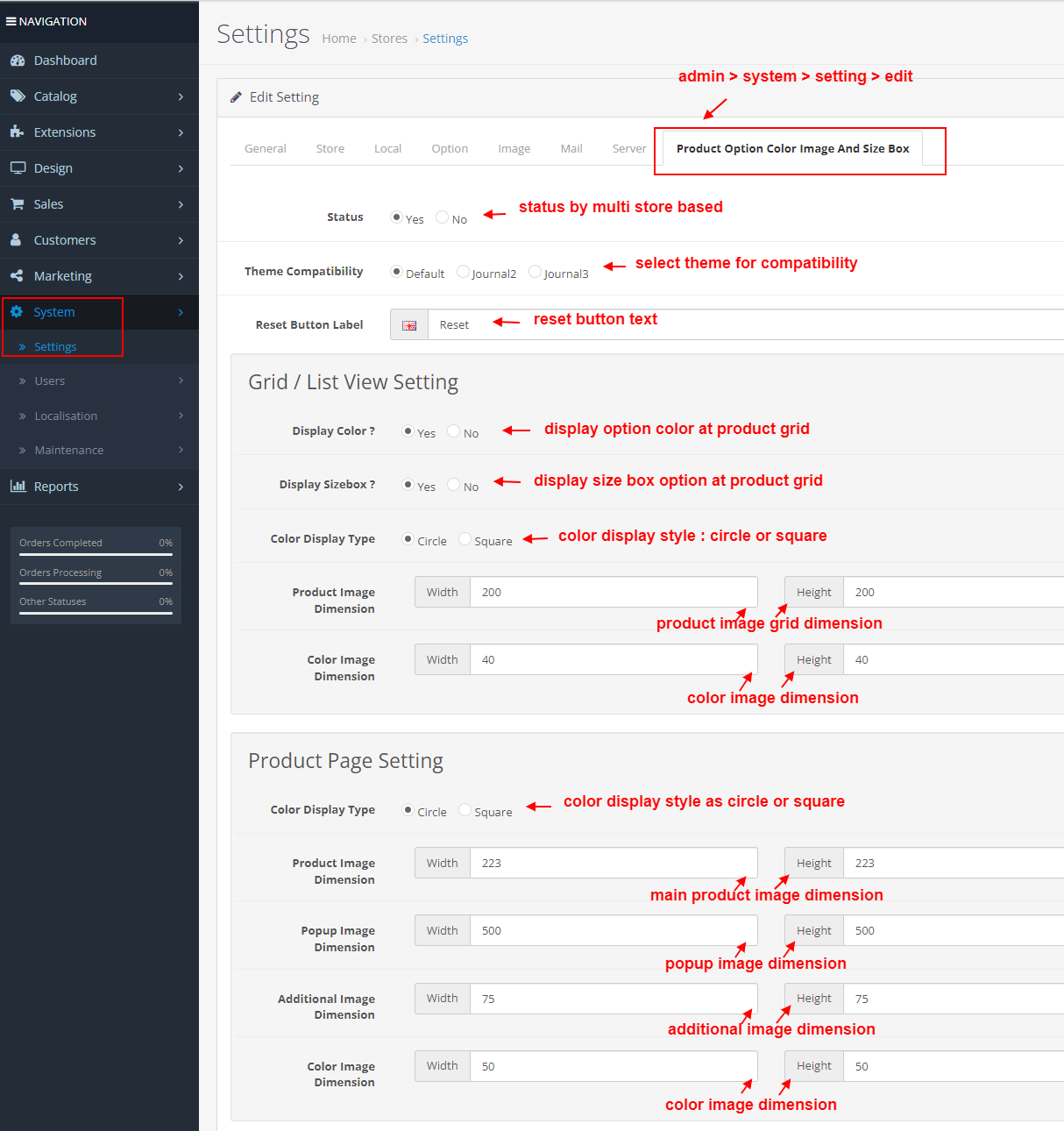 OpenCart - Product Option Color Image And Size Box