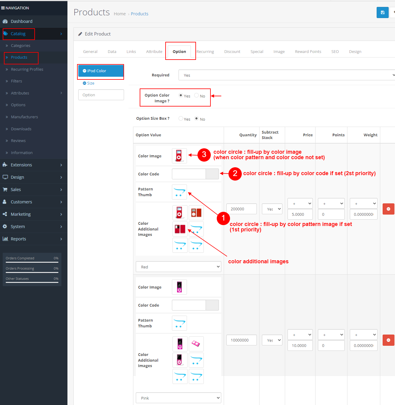 OpenCart - Product Option Color Image And Size Box