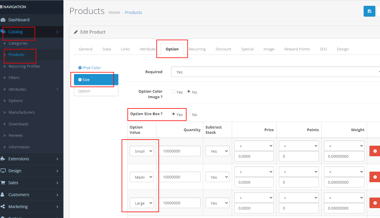 OpenCart - Product Option Color Image And Size Box