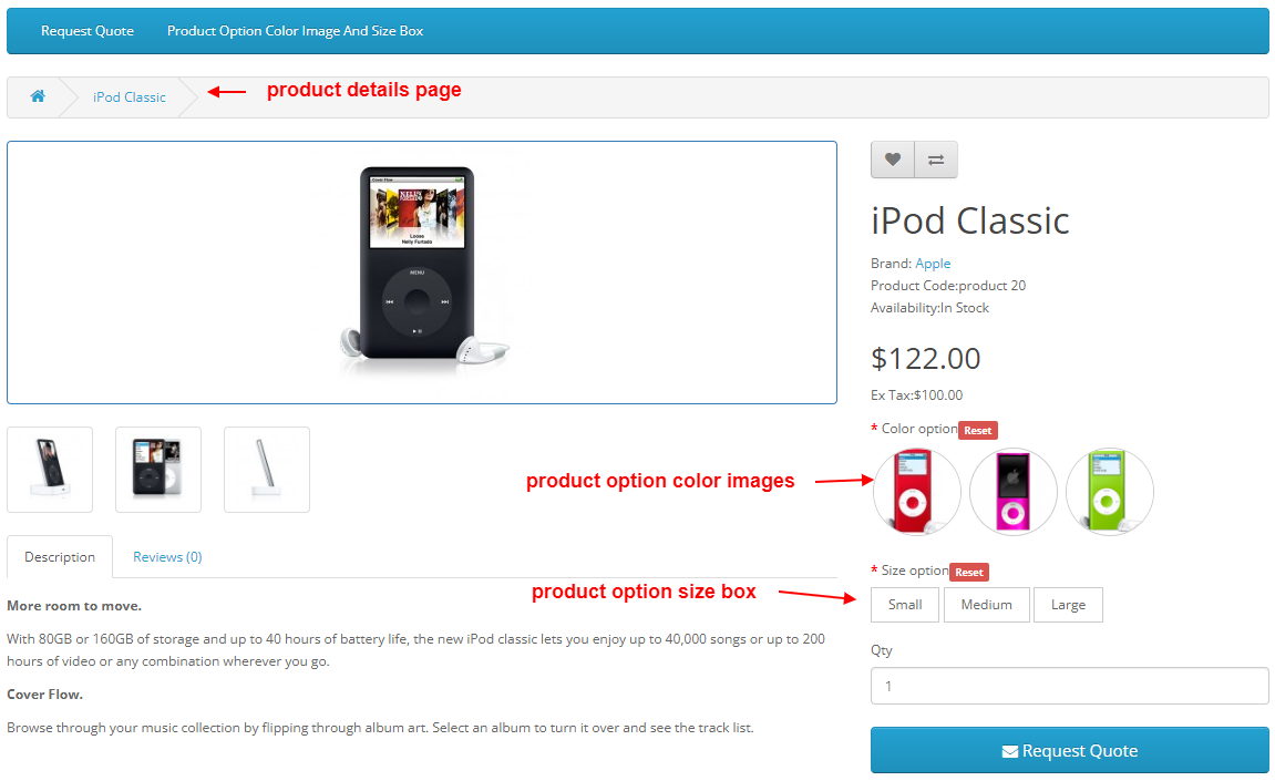 OpenCart - Product Option Color Image And Size Box