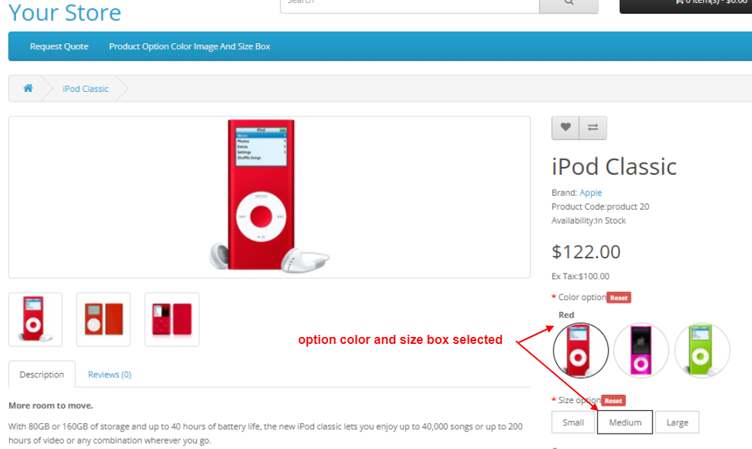 OpenCart - Product Option Color Image And Size Box