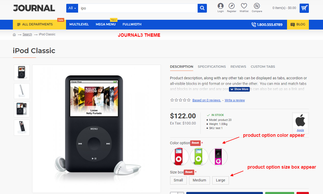 OpenCart - Product Option Color Image And Size Box