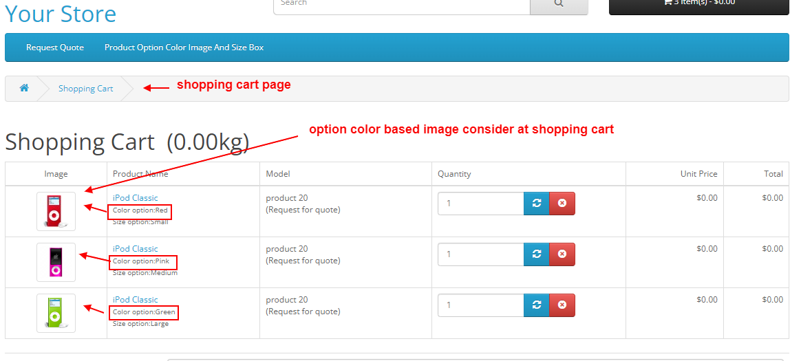 OpenCart - Product Option Color Image And Size Box