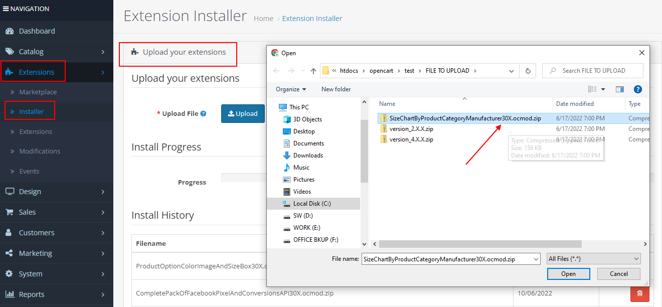 OpenCart - Size Chart By Product Category Manufacturer