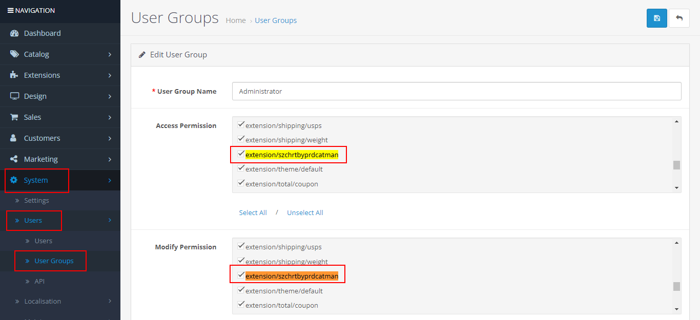 OpenCart - Size Chart By Product Category Manufacturer