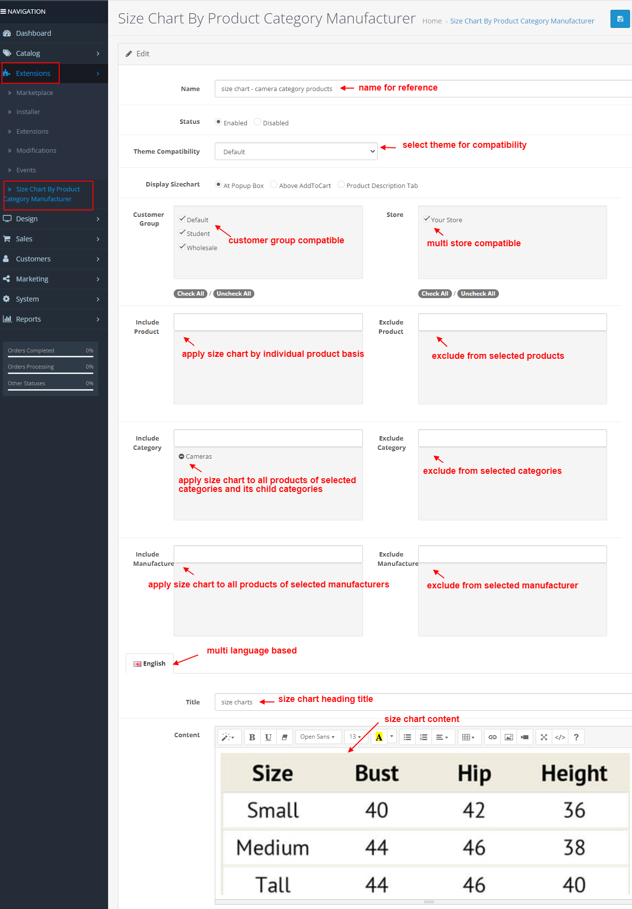 OpenCart - Size Chart By Product Category Manufacturer