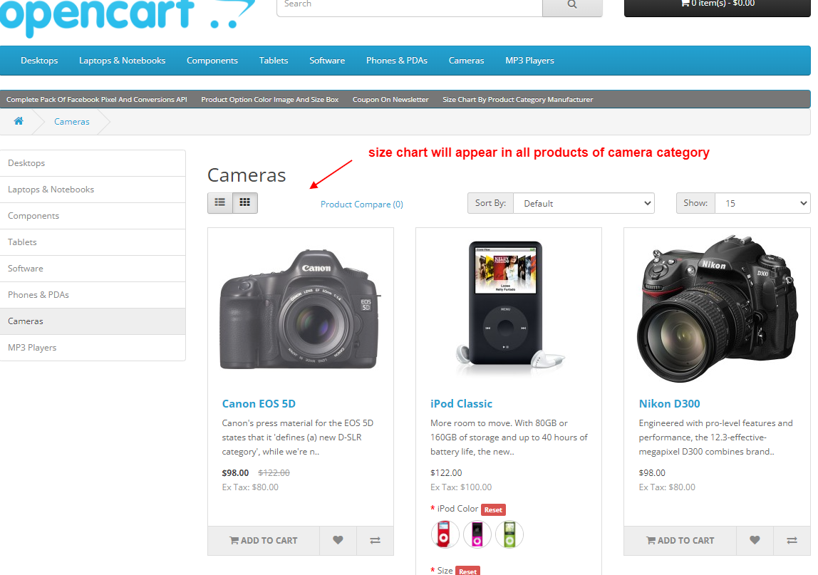 OpenCart - Size Chart By Product Category Manufacturer