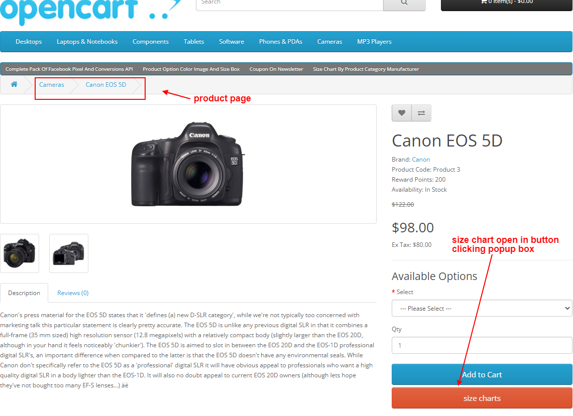 OpenCart - Size Chart By Product Category Manufacturer