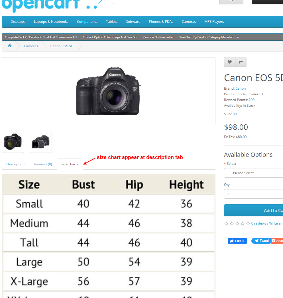 OpenCart - Size Chart By Product Category Manufacturer