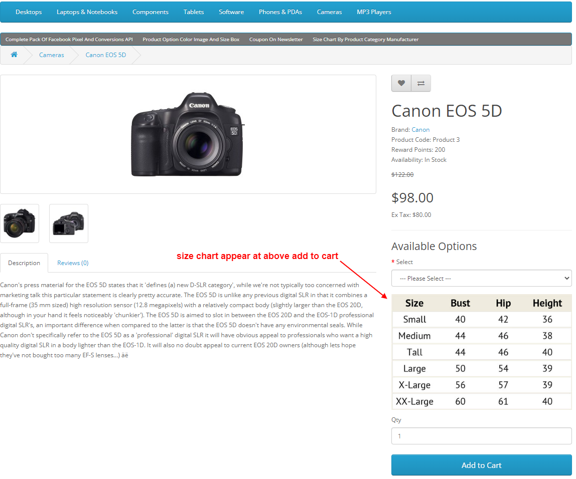 OpenCart - Size Chart By Product Category Manufacturer