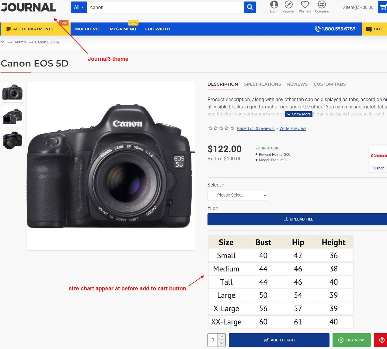 OpenCart - Size Chart By Product Category Manufacturer