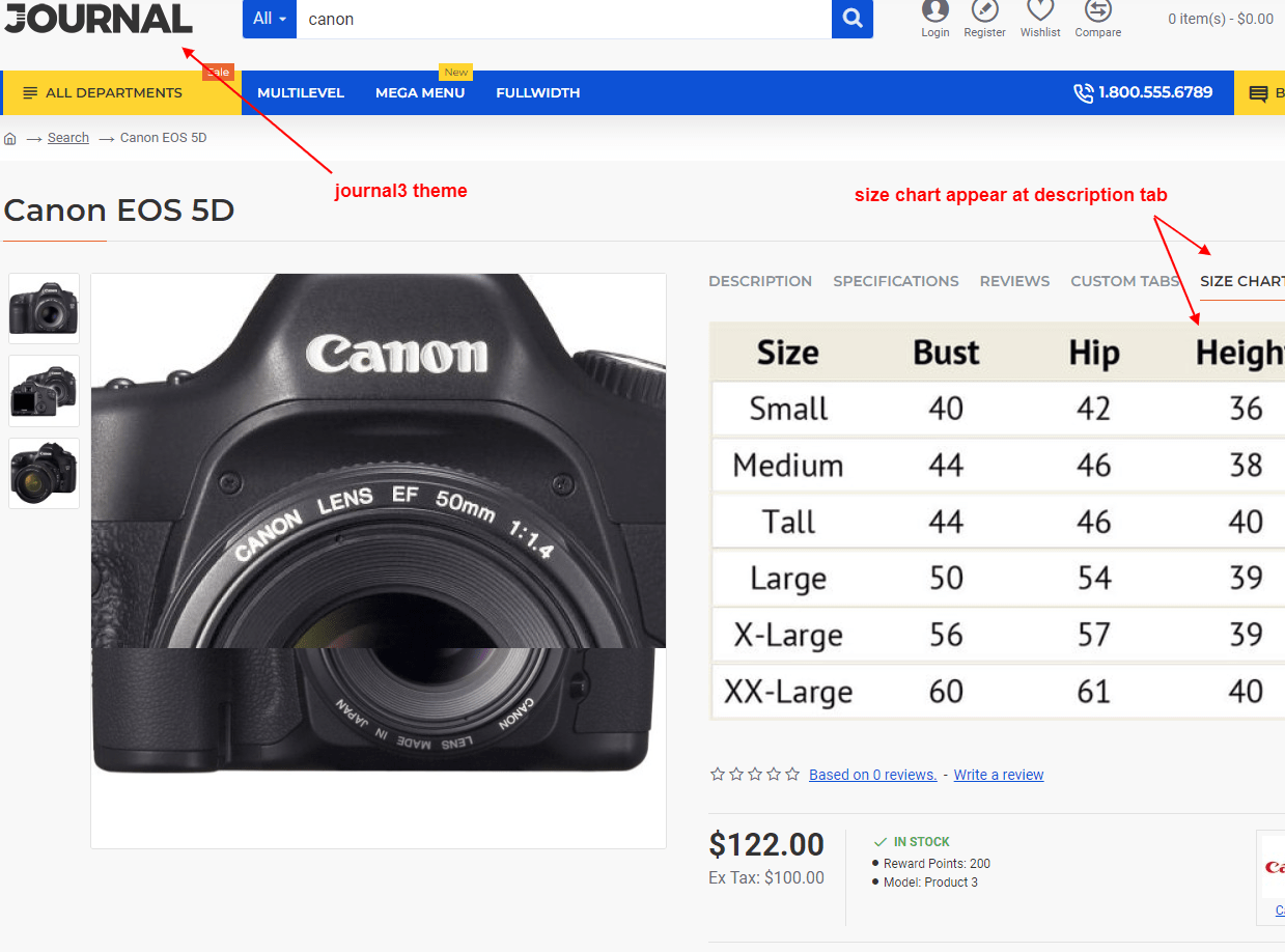 OpenCart - Size Chart By Product Category Manufacturer