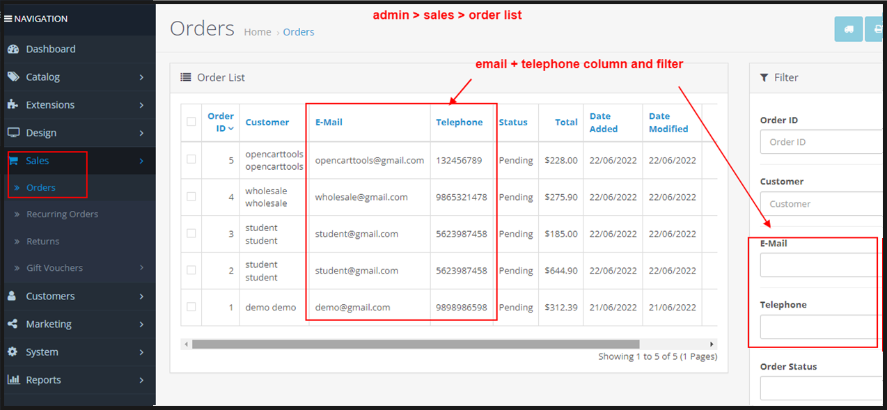 OpenCart - Email + Telephone Column + Filter At Admin Order List