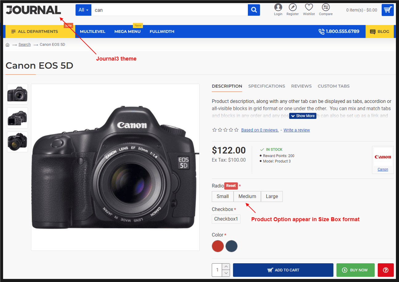 OpenCart - Product Option Size Box