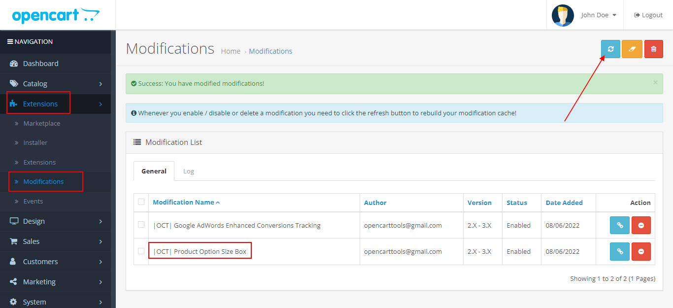 OpenCart - Product Option Size Box